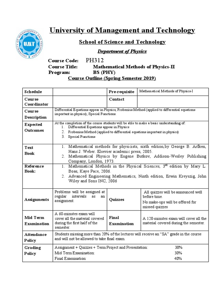 MMP-II, Course Outline Spring 2019 | PDF | Differential Equations ...