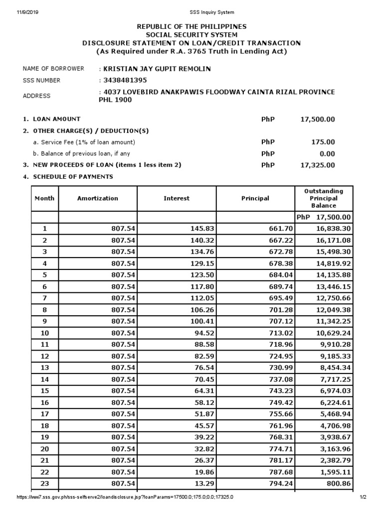 SSS Inquiry System | PDF | Loans | Interest