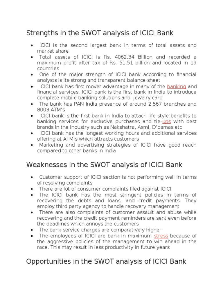 Strengths in The SWOT Analysis of ICICI Bank | PDF | Credit | Finance ...
