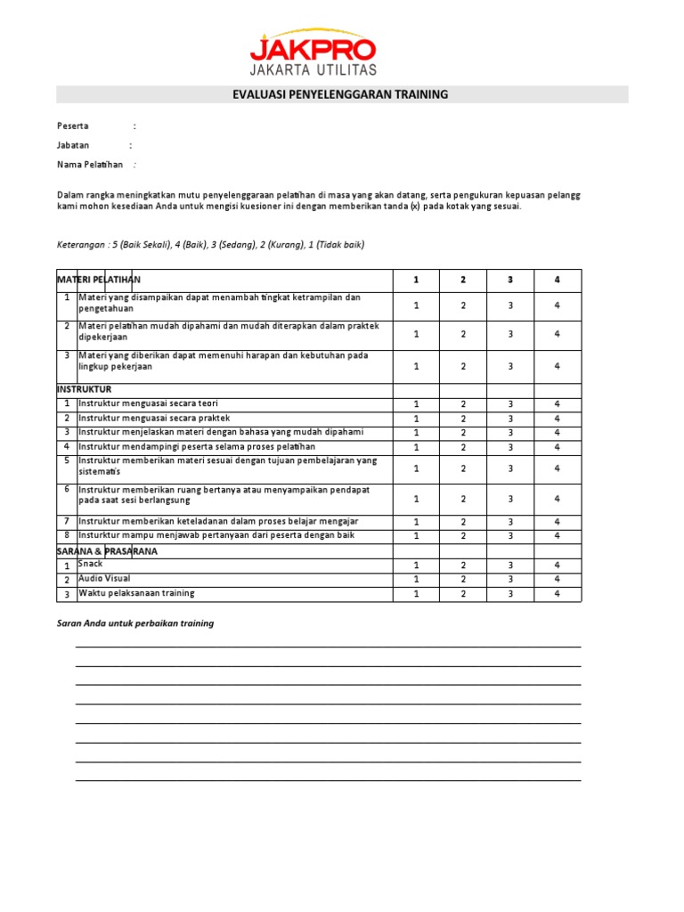 Form Evaluasi Pelatihan Level 1 | PDF