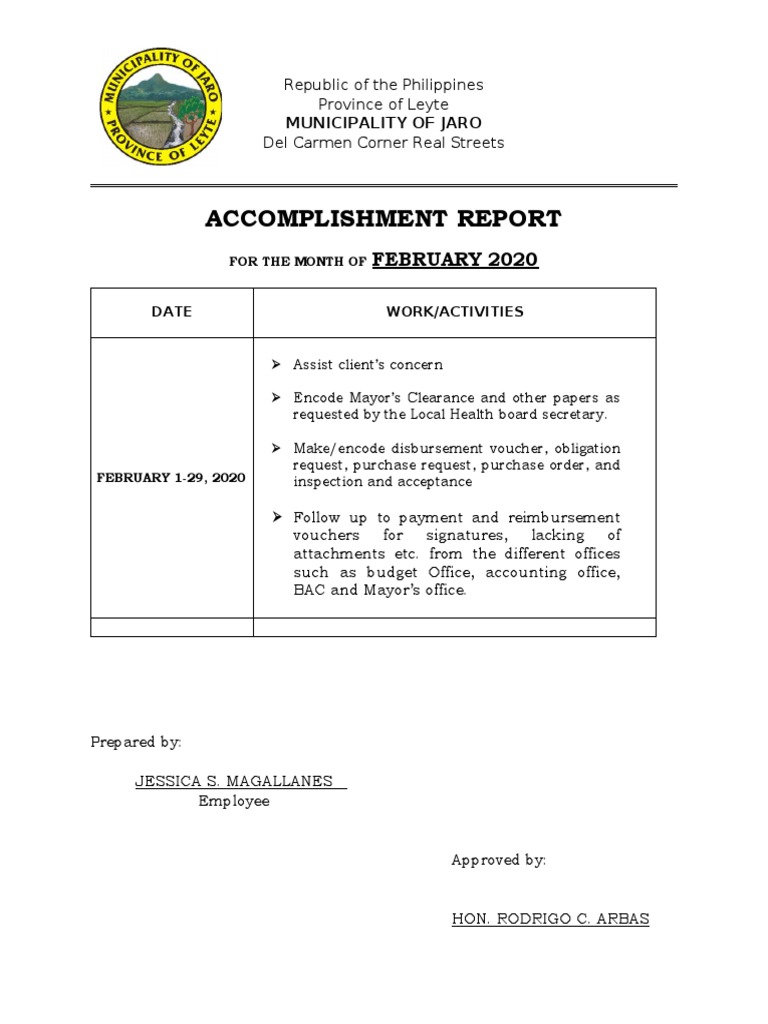 Monthly Accomplishment Report Template | PDF | Mayor | Government