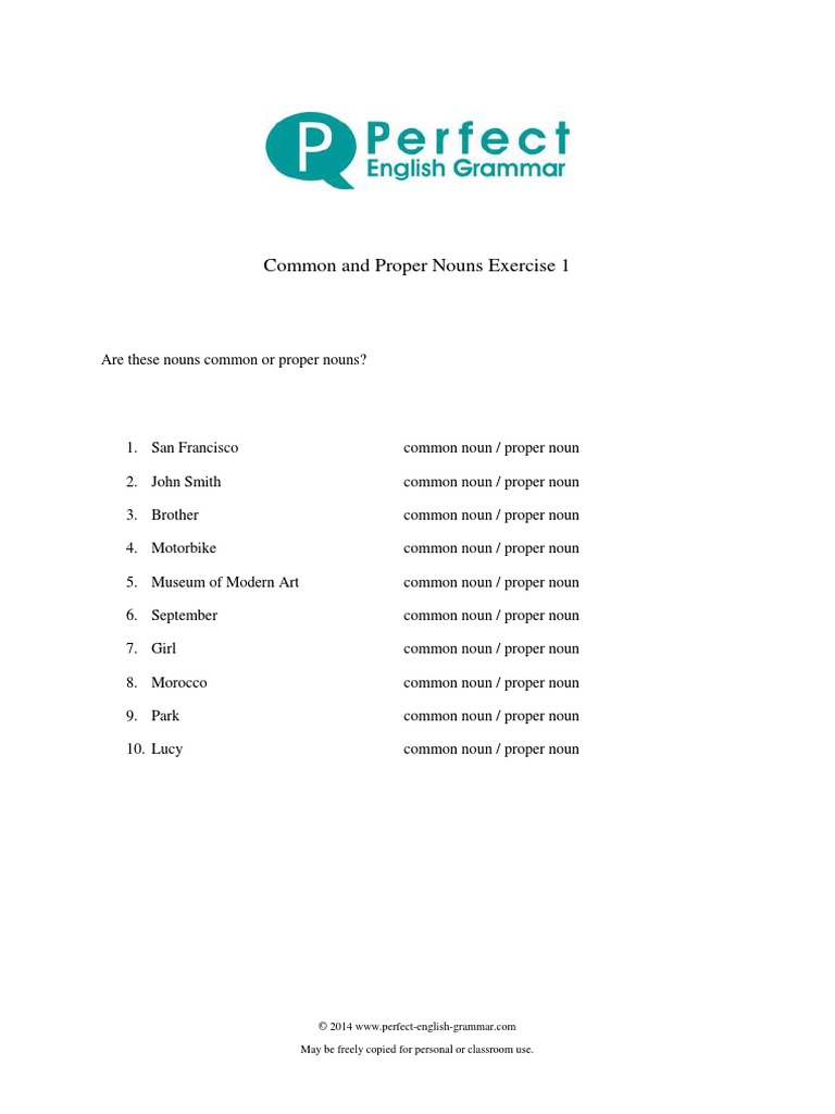Common and Proper Nouns Exercise 1 PDF | PDF