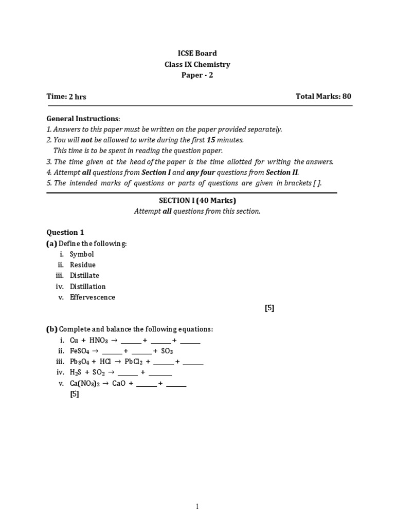 Chemistry Class 9 ICSE Question Paper | PDF | Hydroxide | Gases