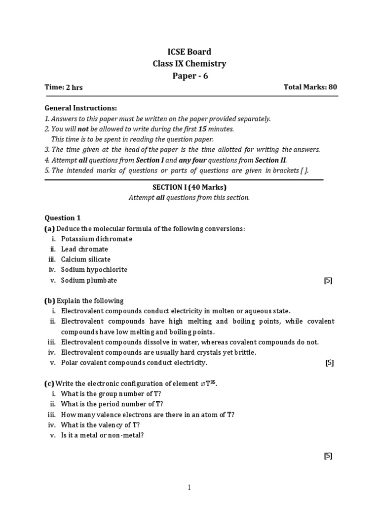 Chemistry Class 9 ICSE Question Paper 2 | PDF | Chemical Compounds ...
