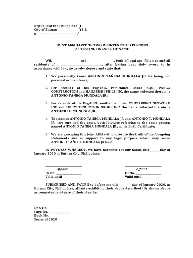 Joint Affidavit of Two Disinterested Witnesses Attesting Oneness of ...