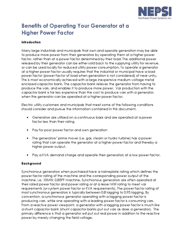 Power Factor Benefits - Generators PDF | PDF | Electric Generator | Ac ...