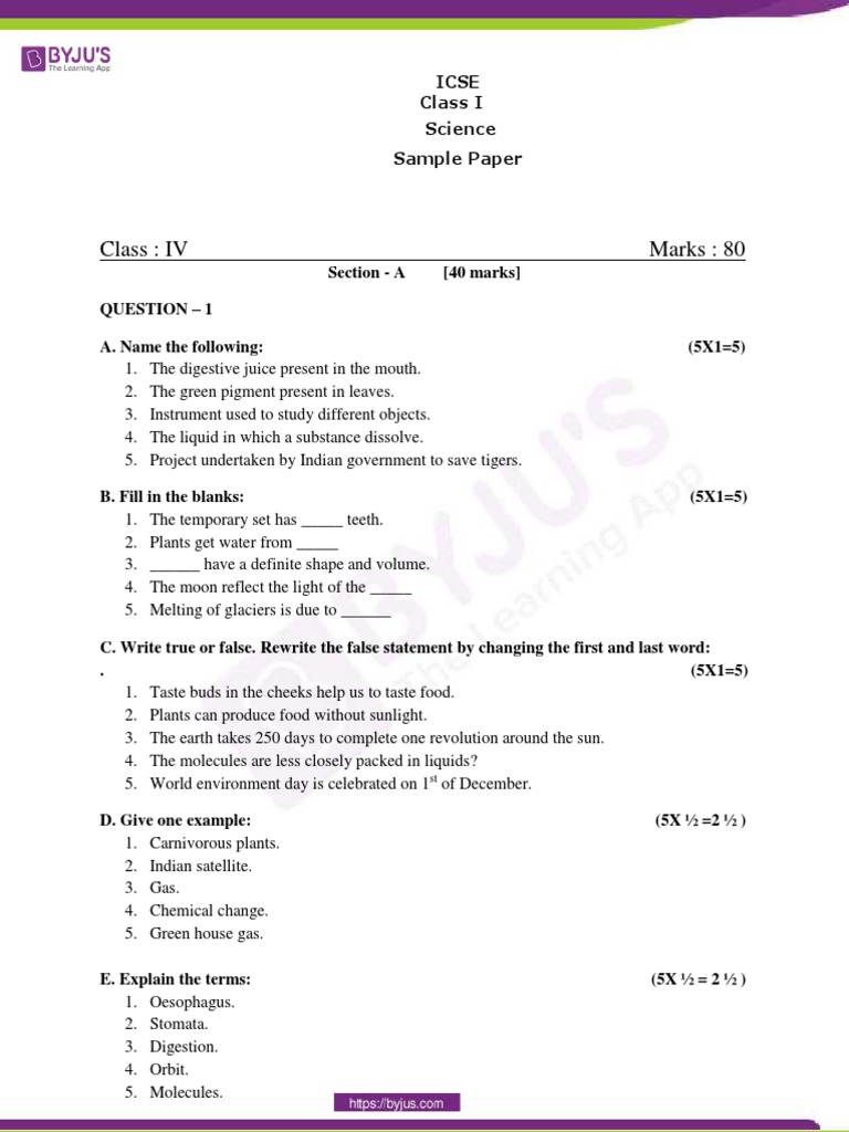 Class 4 ICSE Science Sample Paper | PDF | Plants | Gases