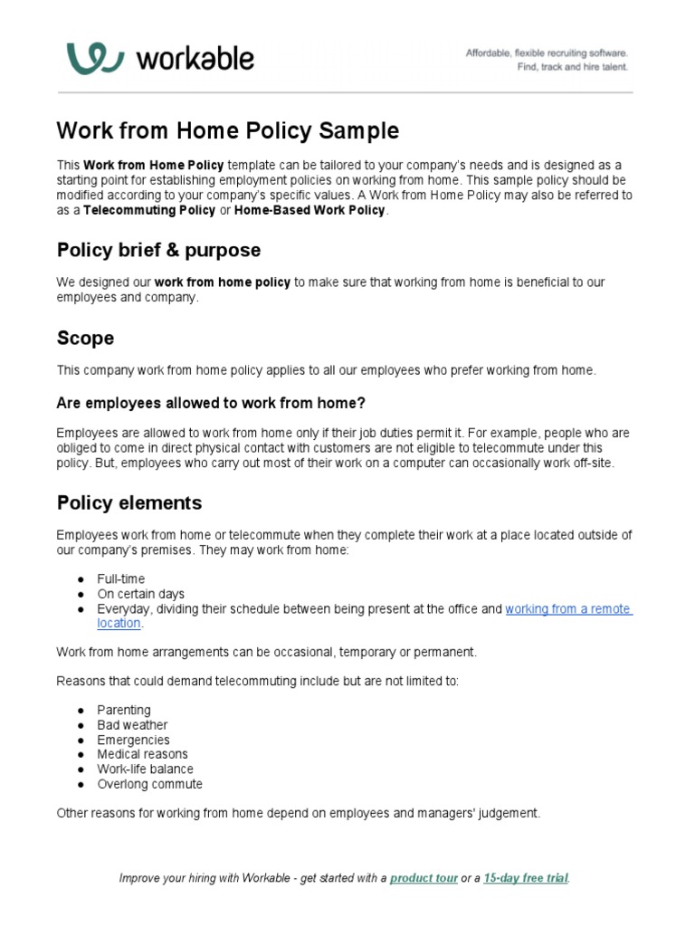 Work From Home Policy Sample | PDF | Telecommuting | Employment