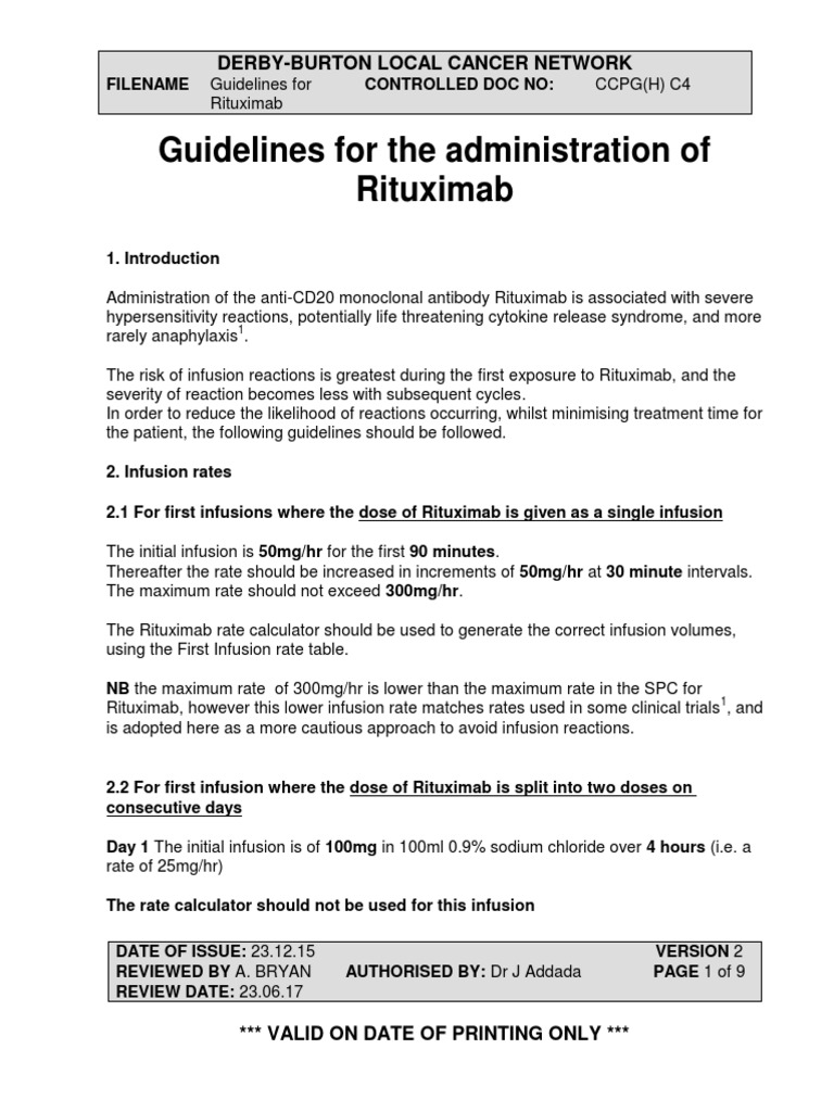 Guidelines for Administering Rituximab: Infusion Rates, Premedication ...