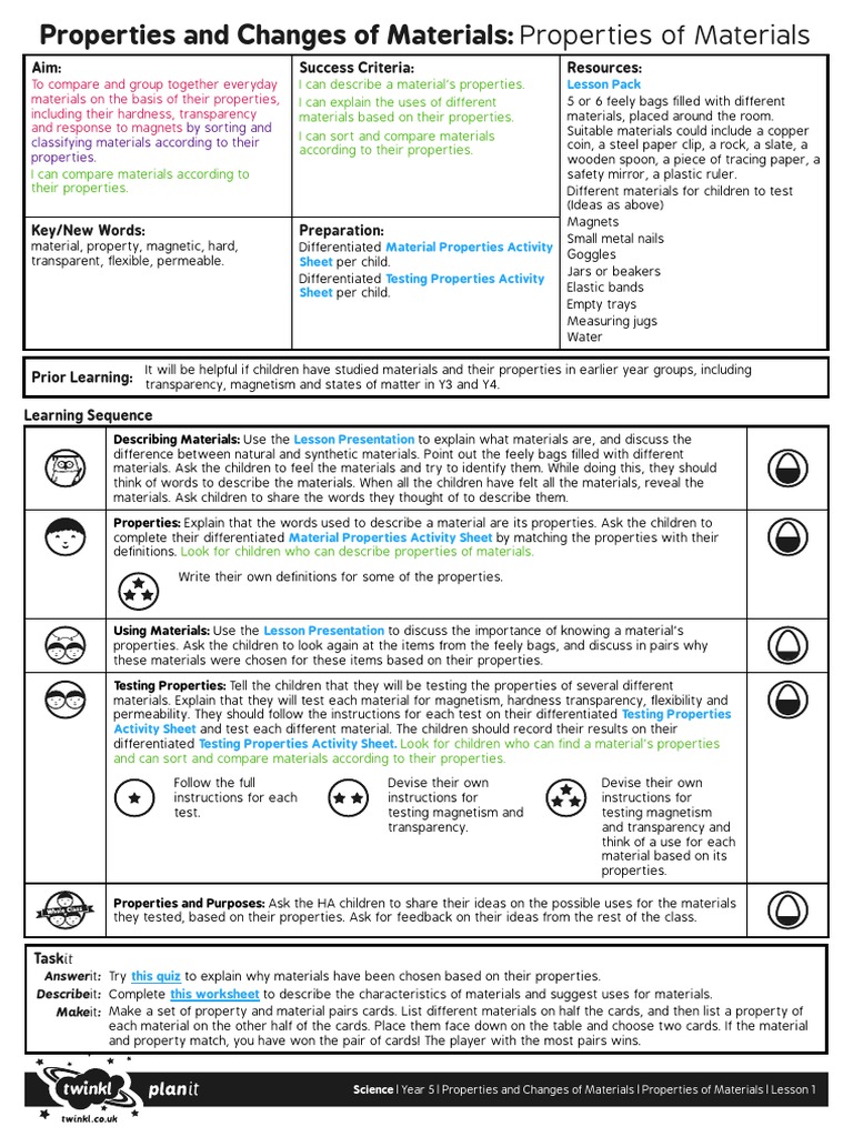 Lesson Plan Properties of Materials | PDF | Cognition | Nature