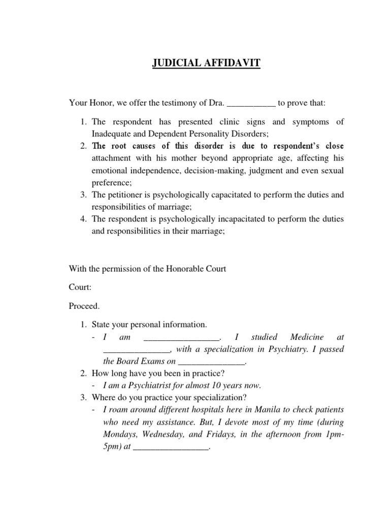 Judicial Affidavit Psychological Incapacity PDF | PDF | Personality ...