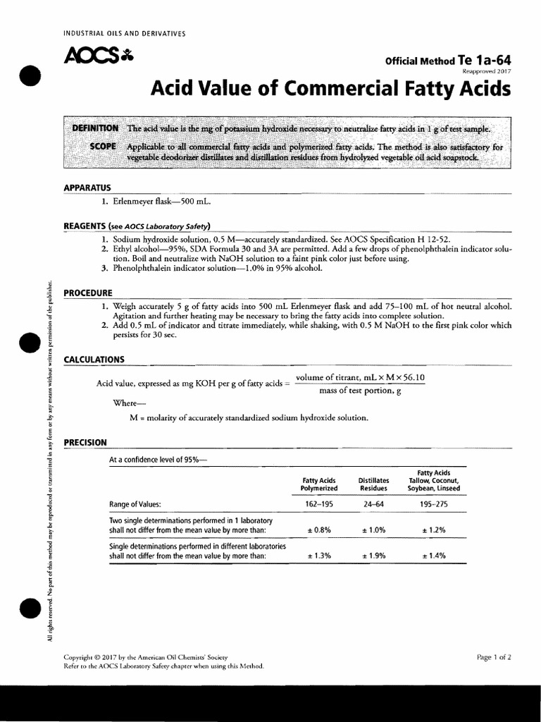 AOCS Te 1a-64 - Acid Value (2017) PDF | PDF | Titration | Chemistry