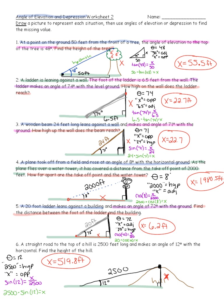 Angle of Elevation Depression Answer Key | PDF