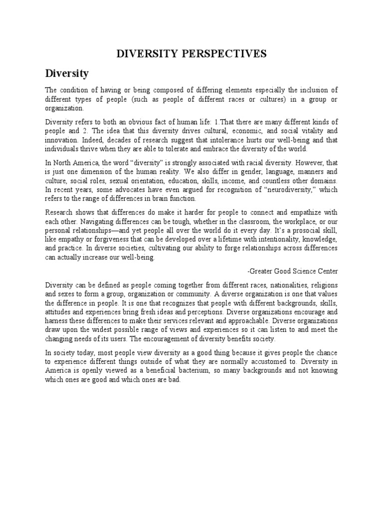 DIVERSITY PERSPECTIVES To Be Pass | PDF | Multiculturalism | Cultural ...