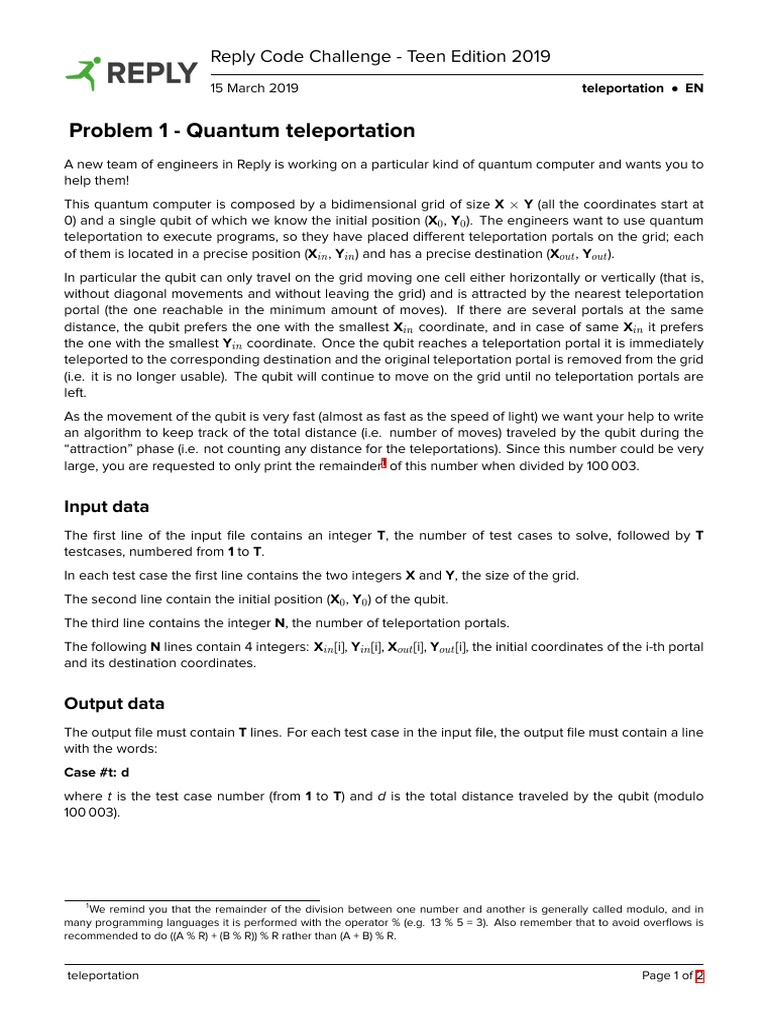 Reply Code Challenge 2019 - Teen Edition - Teleportation | PDF | Quantum Computing | Algorithms