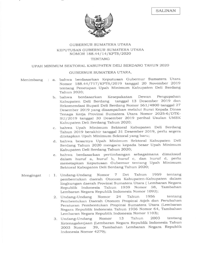 Upah Minimum Deli Serdang 2025 | PDF