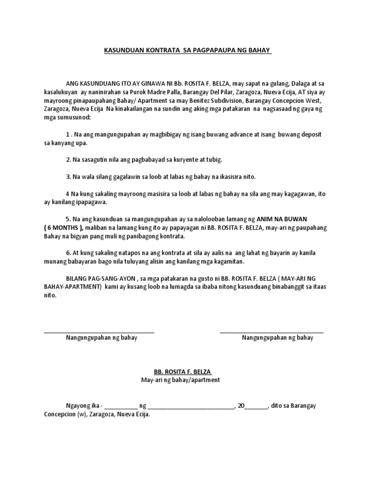 Kasunduan Kontrata Sa Pagpapaupa NG Bahay | PDF