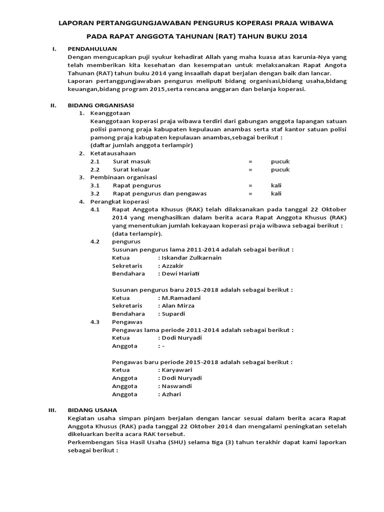 Laporan Pertanggungjawaban Pengurus Koperasi Praja Wibawa | PDF
