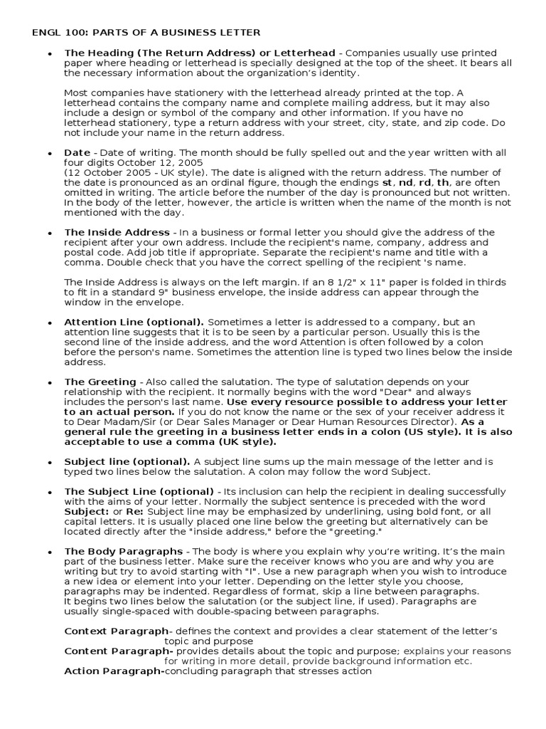 Business Letter Parts | PDF | Paragraph | Written Communication