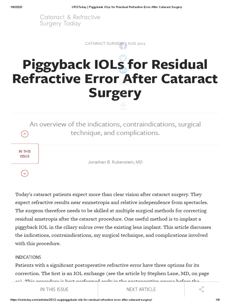 Piggyback IOLs For Residual Refractive Error After Cataract Surgery ...