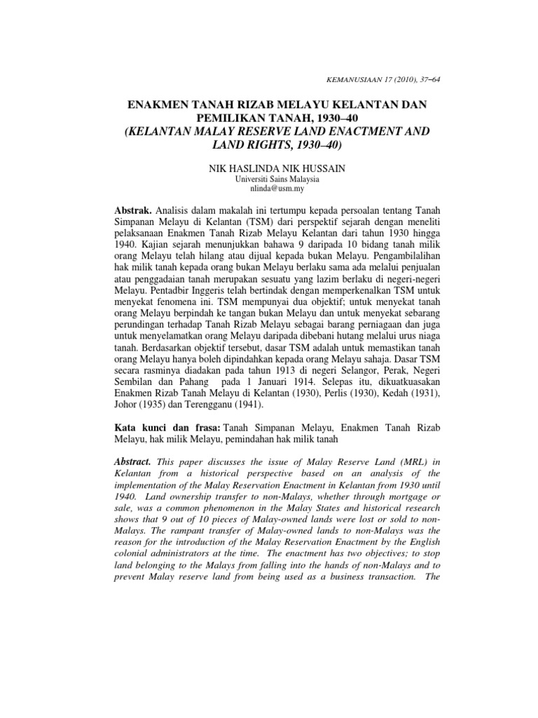 Artikel Enakmen Tanah Rezab Melayu N Pemilikan KAJH Art 3 (37-64) | PDF