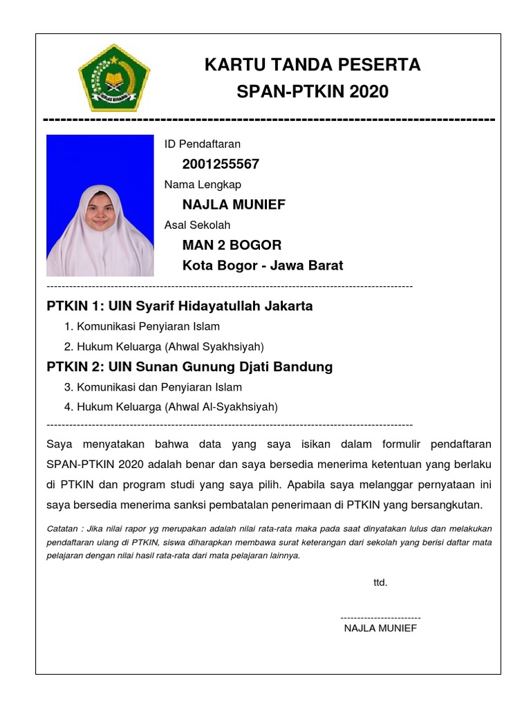Kartu Tanda Peserta SPAN-PTKIN 2020 | PDF