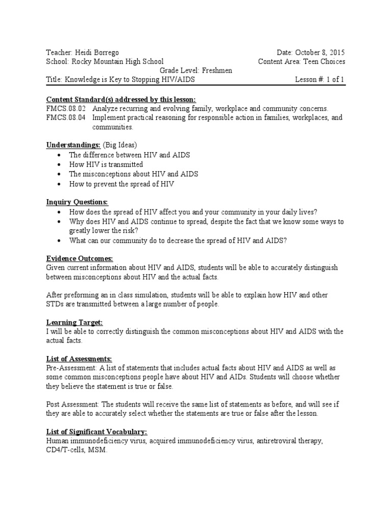 Hiv Aids Lesson Plan | PDF | Hiv/Aids | Management Of Hiv/Aids