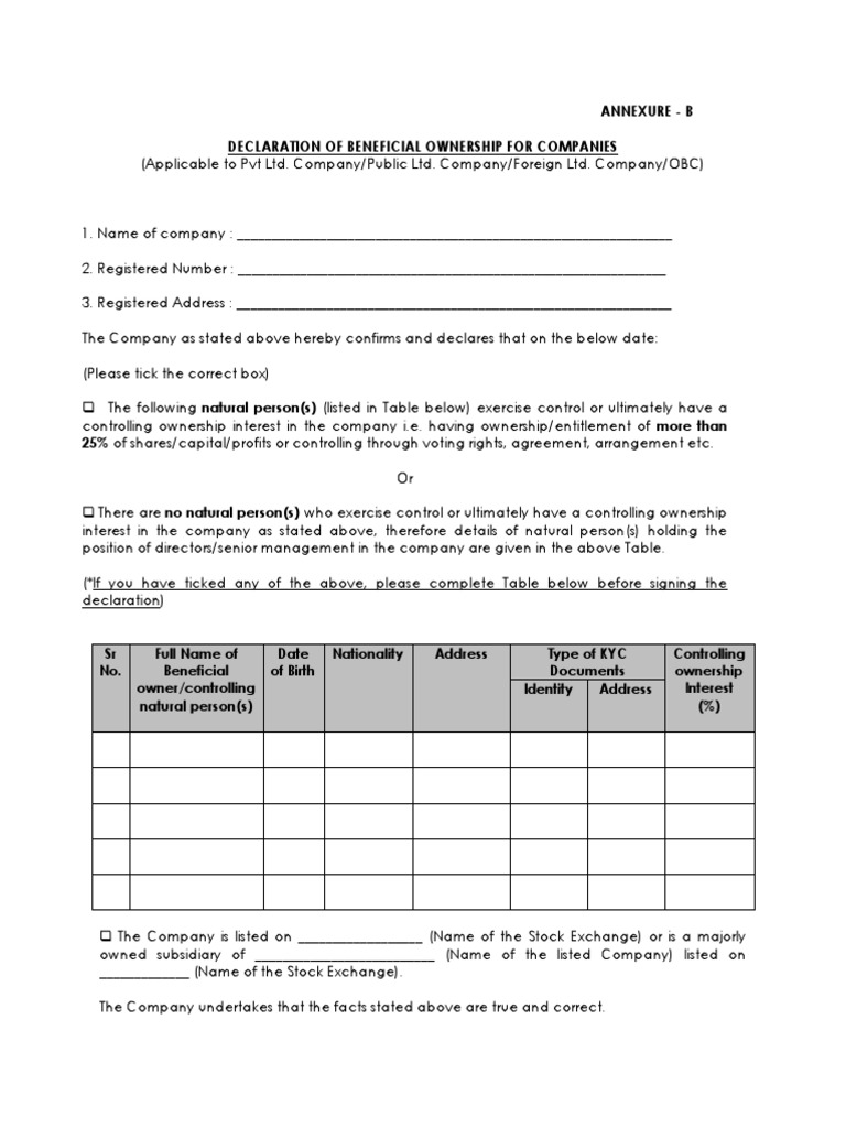 Declaration of Beneficial Owner (Bo) Form II | PDF | Companies | Subsidiary