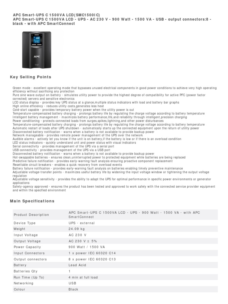 Product Data Sheet - APC Smart-UPS C 1500VA LCD (SMC1500IC) | PDF ...