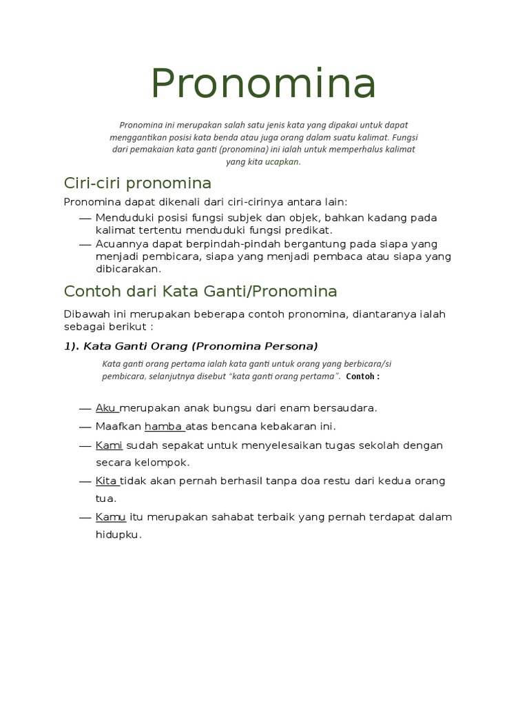 Pengertian dan Contoh Pronomina | PDF | Seni & Disiplin Bahasa | Kajian ...