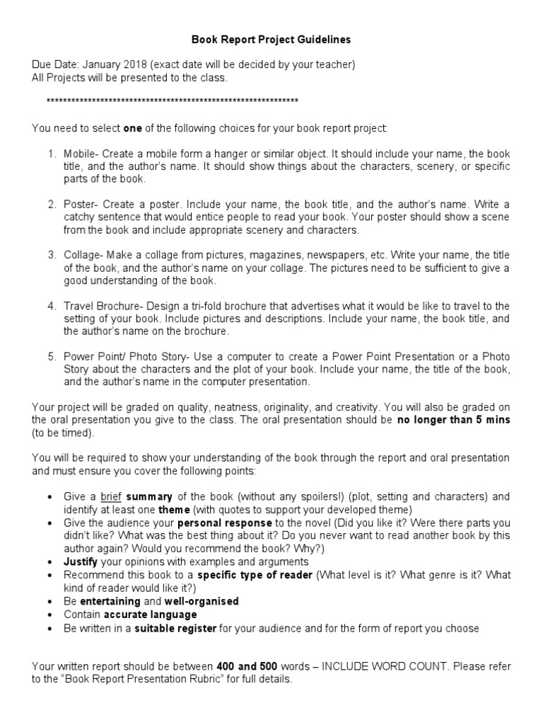 Creative Book Report Project Guidelines | PDF | Books | Writing