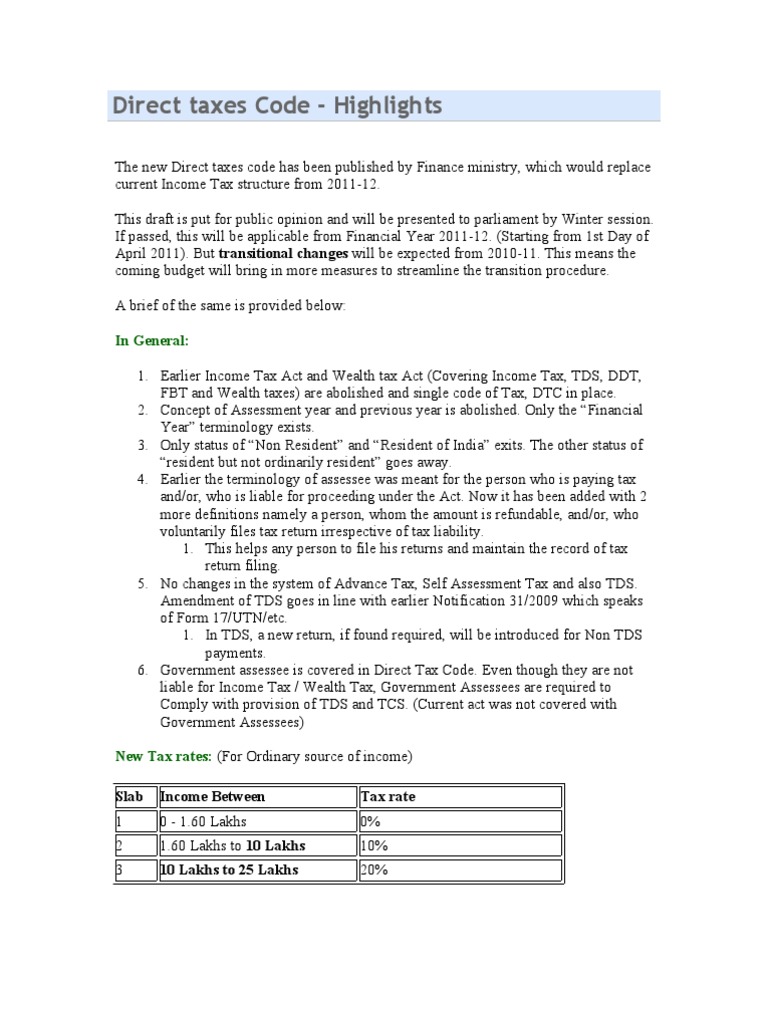 Direct Taxes Code | PDF | Income Tax In India | Tax Deduction