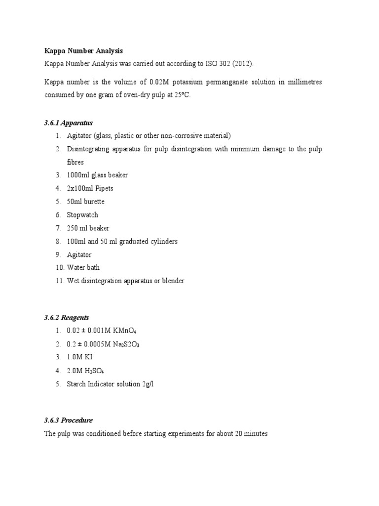 Kappa Number Analysis Protocol | PDF | Titration | Chemistry