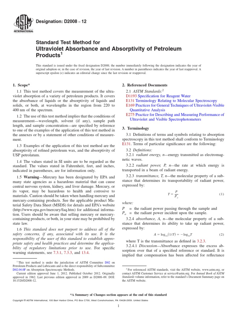 Astm D 2008 - 12 | PDF | Absorbance | Ultraviolet–Visible Spectroscopy