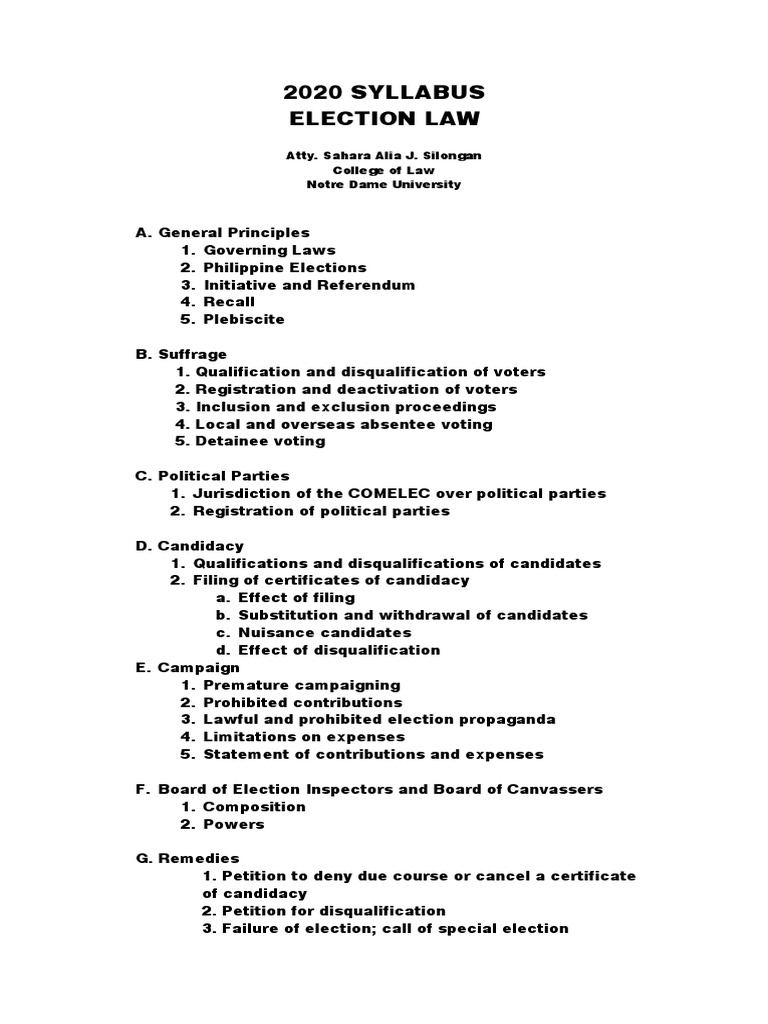 Syllabus Election Law 2020 | PDF | Law