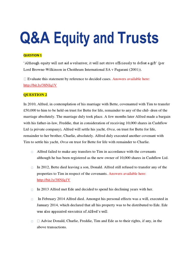 Q&A Equity and Trusts. Questions and Answers. 100% Correct | PDF ...