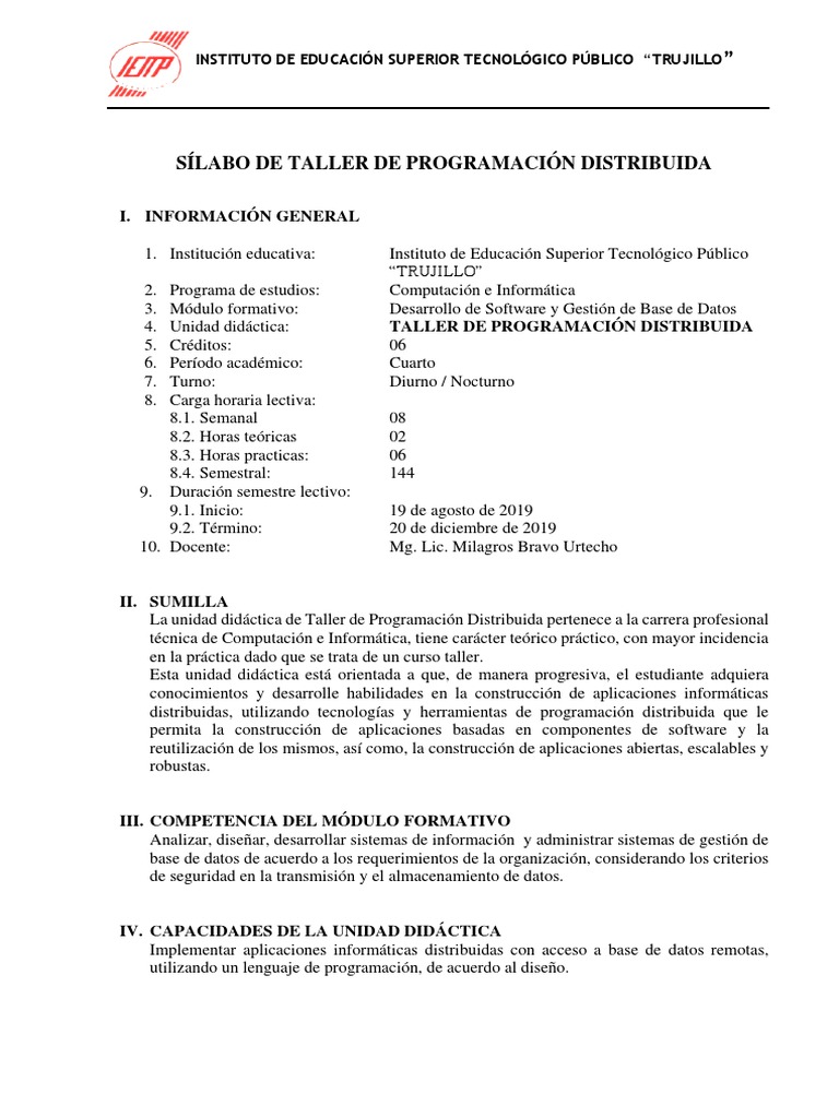 Silabo Taller de Programacion Distribuida (2019 - Ii) PDF | PDF | Java (lenguaje de programación ...