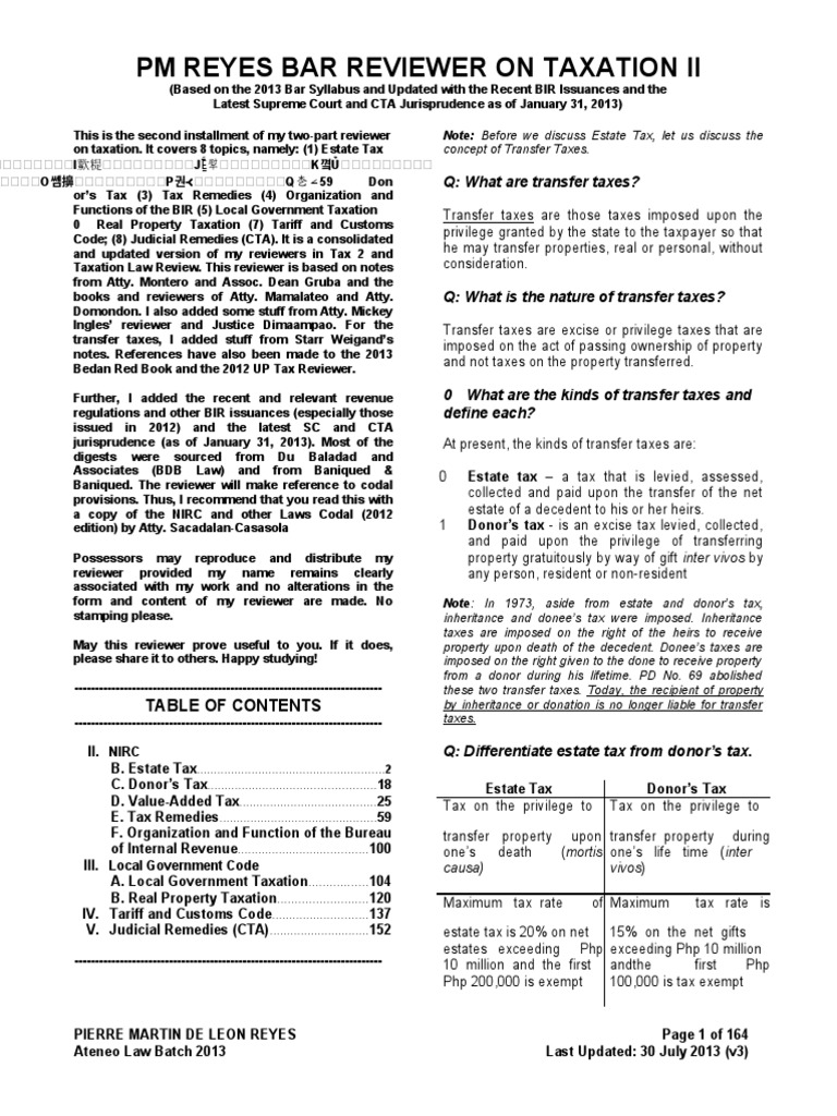 REYES Bar Reviewer On Taxation II V 3 | PDF | Estate Tax In The United ...