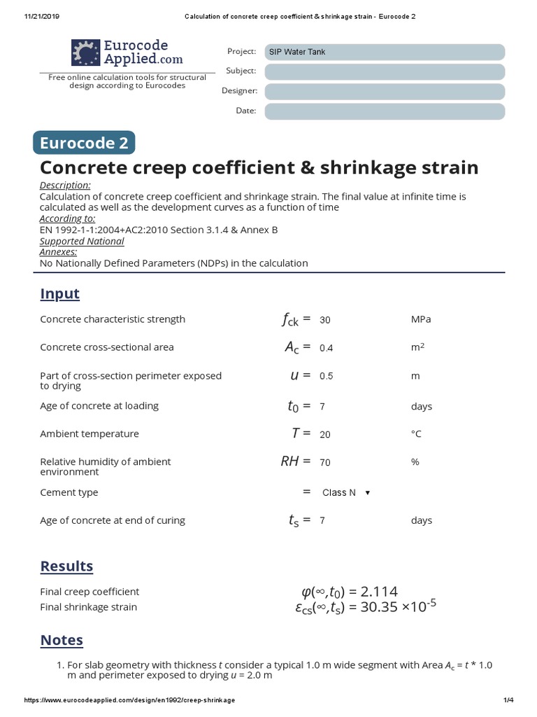 Calculation of Concrete Creep Coefficient & Shrinkage Strain - Eurocode ...