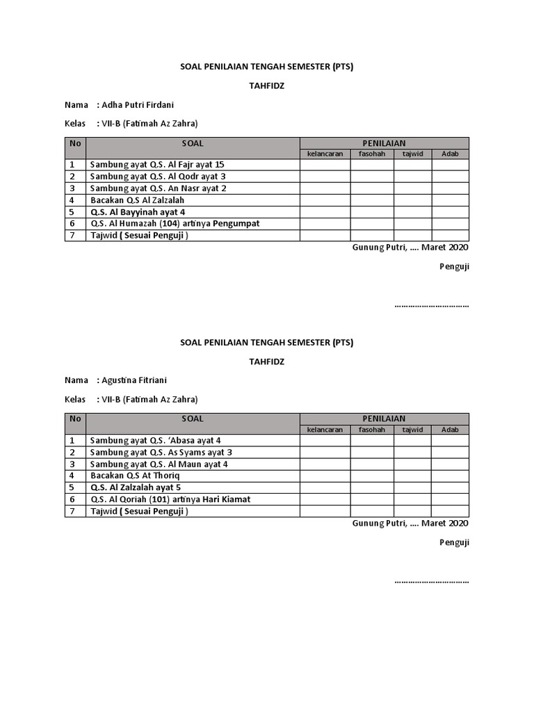 SOAL PTS TAHFIDZ kls.7b SMT.2 2020 | PDF