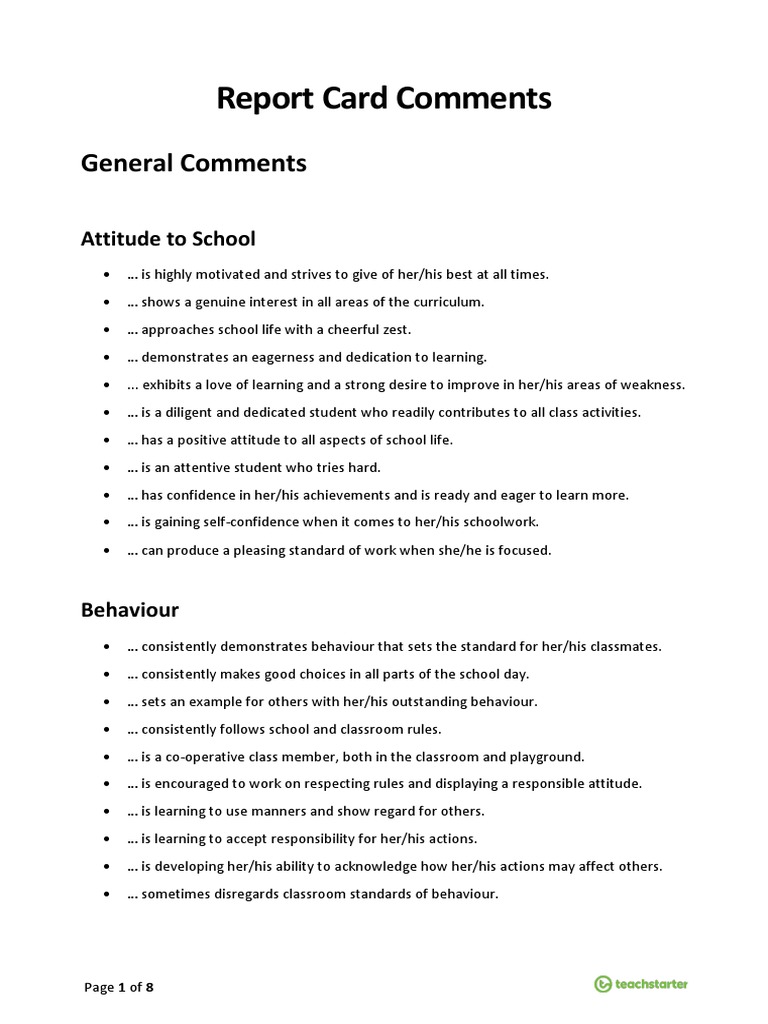 Report Card Comments Title | PDF | Reading Comprehension | Fluency