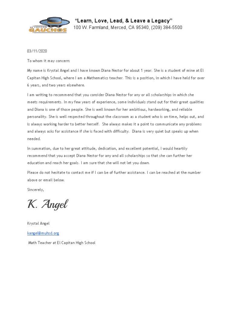 Nestor Diana - Letter of Rec | PDF