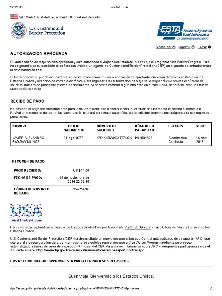 Autorización ESTA Aprobada para EE.UU. | PDF | Aduanas y Protección de ...