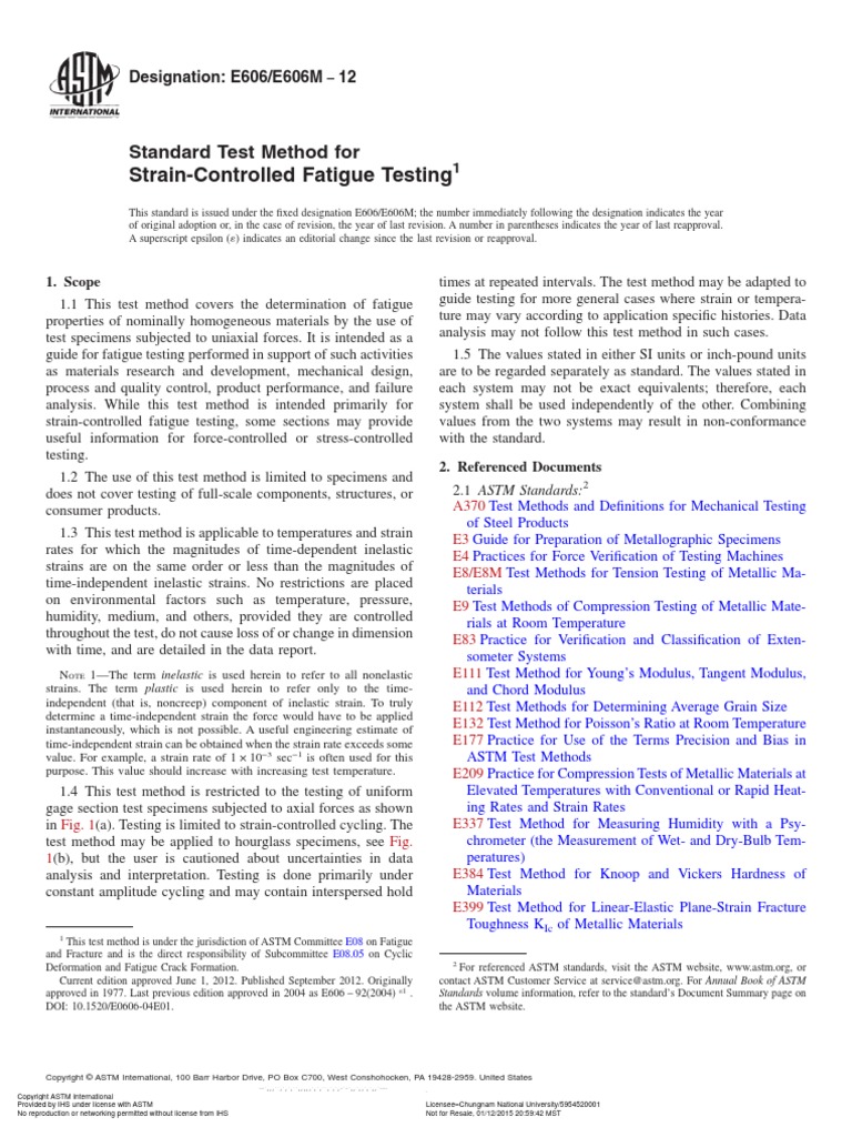 Astm E606 | PDF | Fatigue (Material) | Deformation (Engineering)
