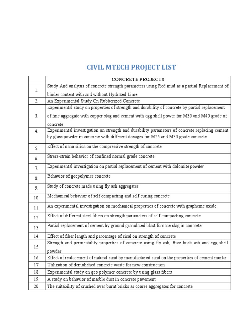 Civil Mtech Project List Concrete Projec | PDF | Construction Aggregate | Concrete