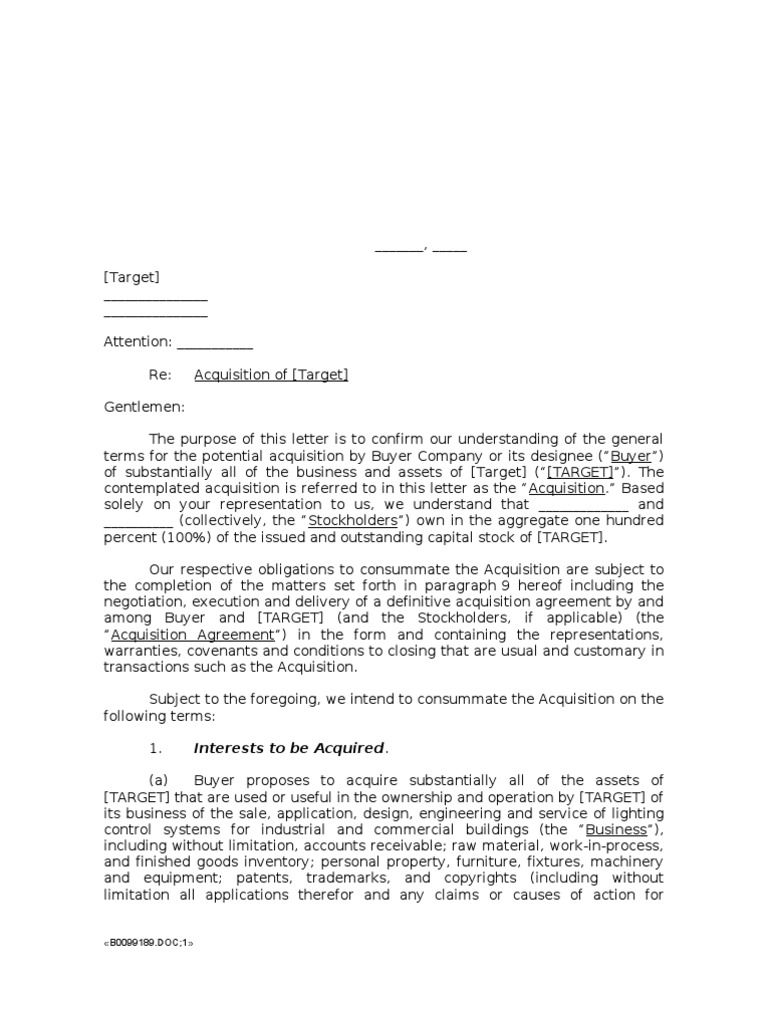 Sample Letter Of Intent Acquisition