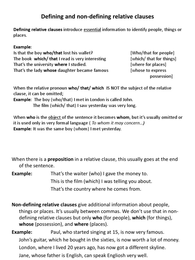 Defining vs Non-Defining Clauses Guide | PDF | Language Arts ...