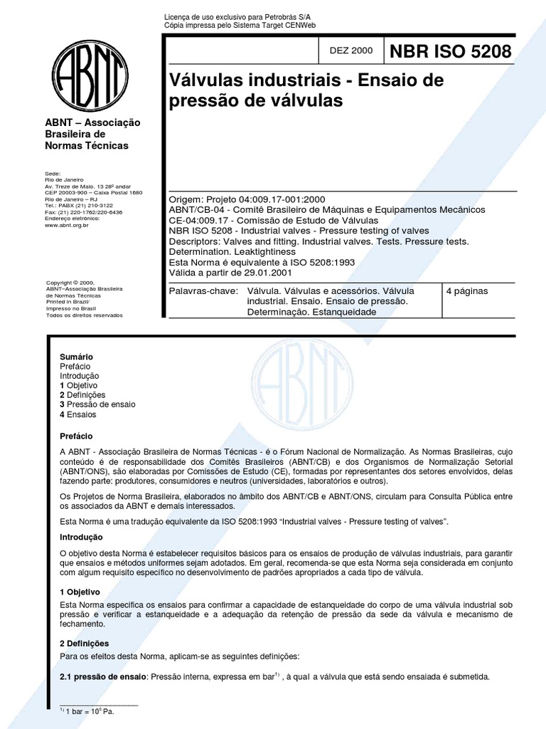 ABNT NBR ISO 5208 Valvulas Industriais - Ensaios de Pressão - 2000 ...