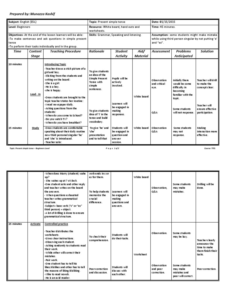 Lesson Plan Beginners Simple Present Tense PDF | PDF | Question | Teachers