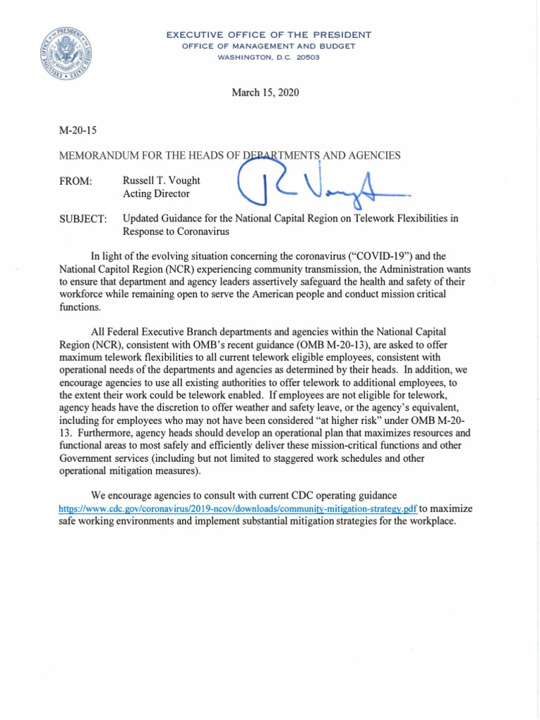 OMB Memo On Coronavirus | PDF | Centers For Disease Control And Prevention | Telecommuting
